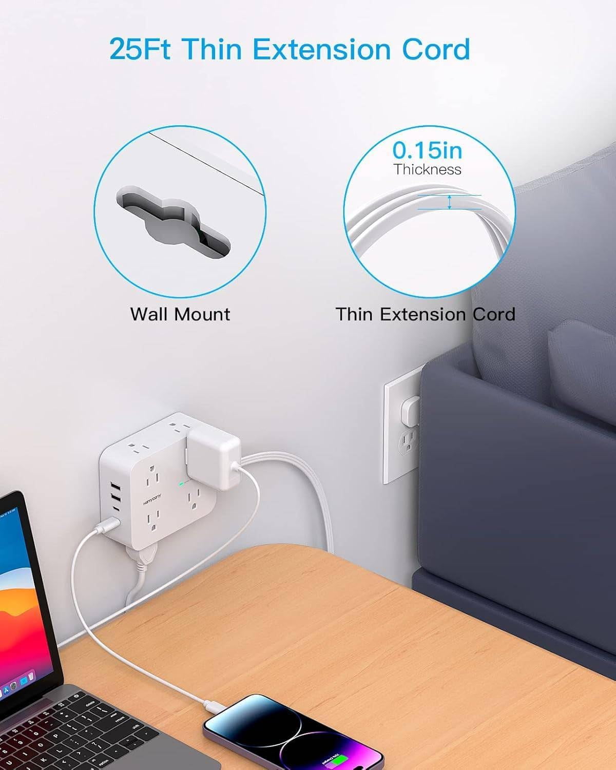 FUGEE-Extension Cord 25 Ft, Power Strip with 4 USB Ports(2 USB C ...