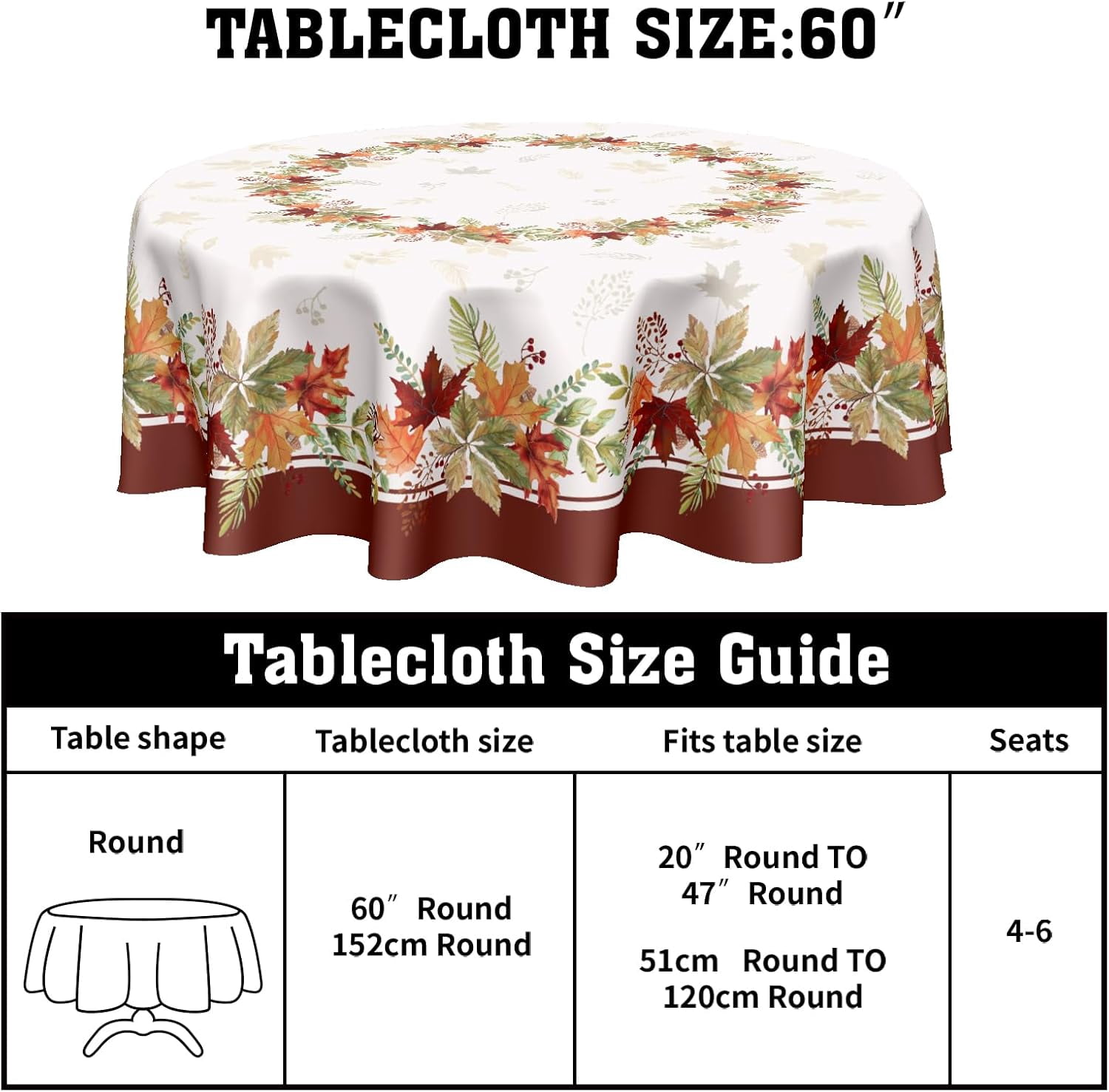 FUGEE-Fall Leaf Round Tablecloth 60 Inch Autumn Harvest Maple Leaves ...