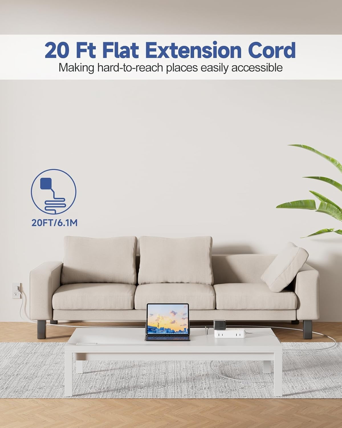 FUGEE-Flat Plug Extension Cord 20 FT with 4 AC Outlets 3 USB Ports (5V ...