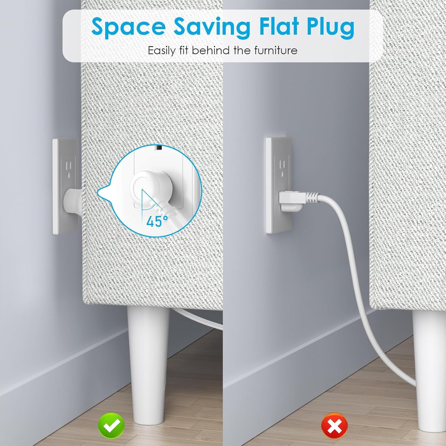FUGEE-Flat Plug Power Strip Screw Mount, Surge Protector 3 Outlets ...