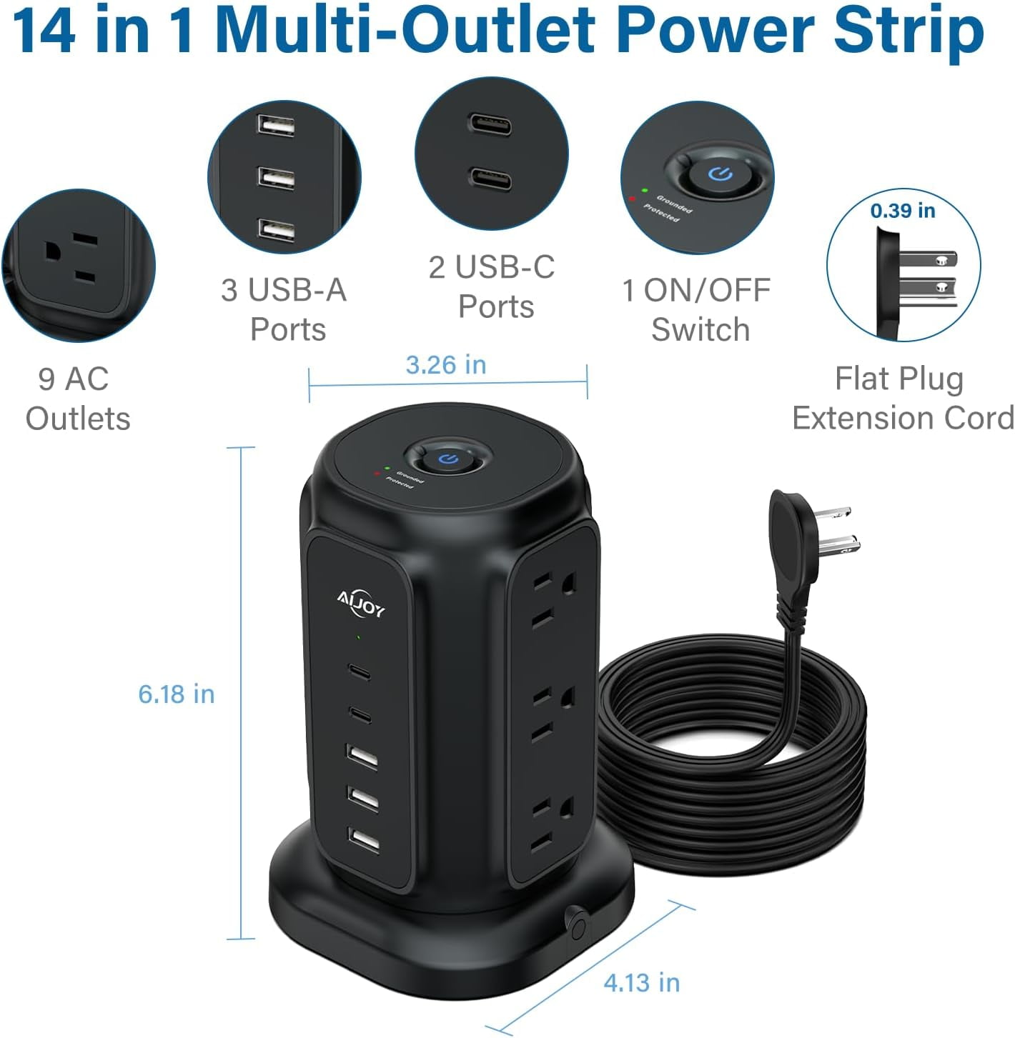 FUGEE-Flat Plug Power Strip Tower with 9 Outlets and 5 USB Ports (2 USB ...