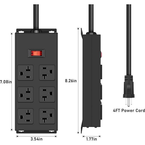 FUGEE-Heavy Duty 20 Amp Power Strip, Garage 6 Outlets Metal 12 Gauge ...