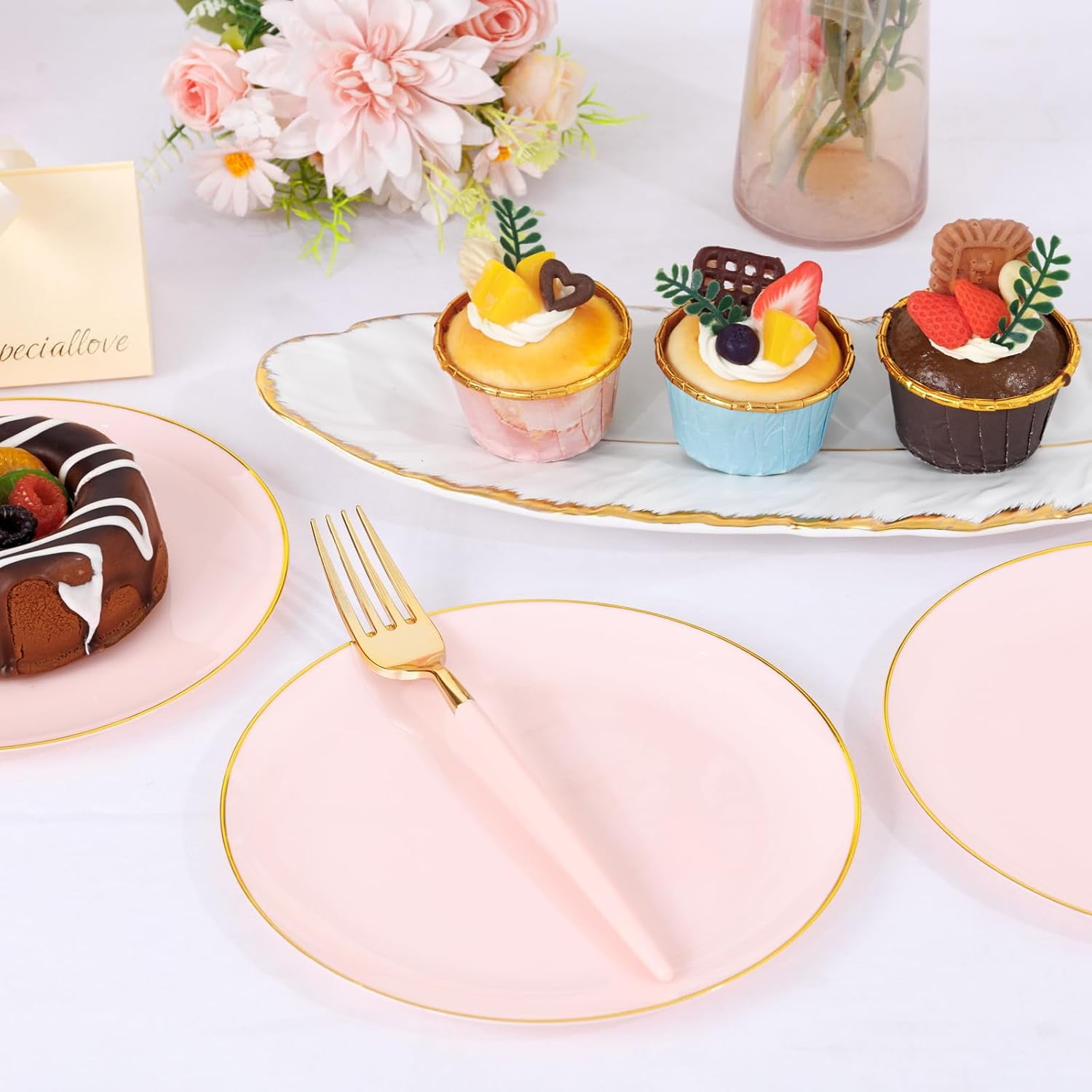 FUGEE-LIYH 96 Pcs Pink Gold Disposable Dessert Plates & Forks Set - 7.5 ...