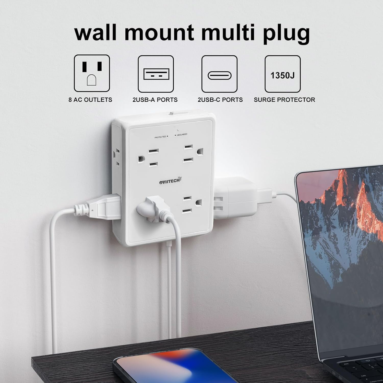 FUGEE-Multi Plug Outlet Extender Surge Protector Adapter, 8 Outlet with ...