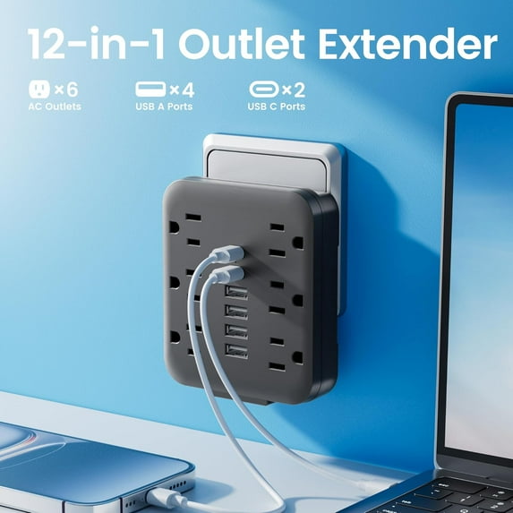 FUGEE-Multi Plug Wall Outlet Extender with USB Ports: 6 AC Outlets, 6 ...