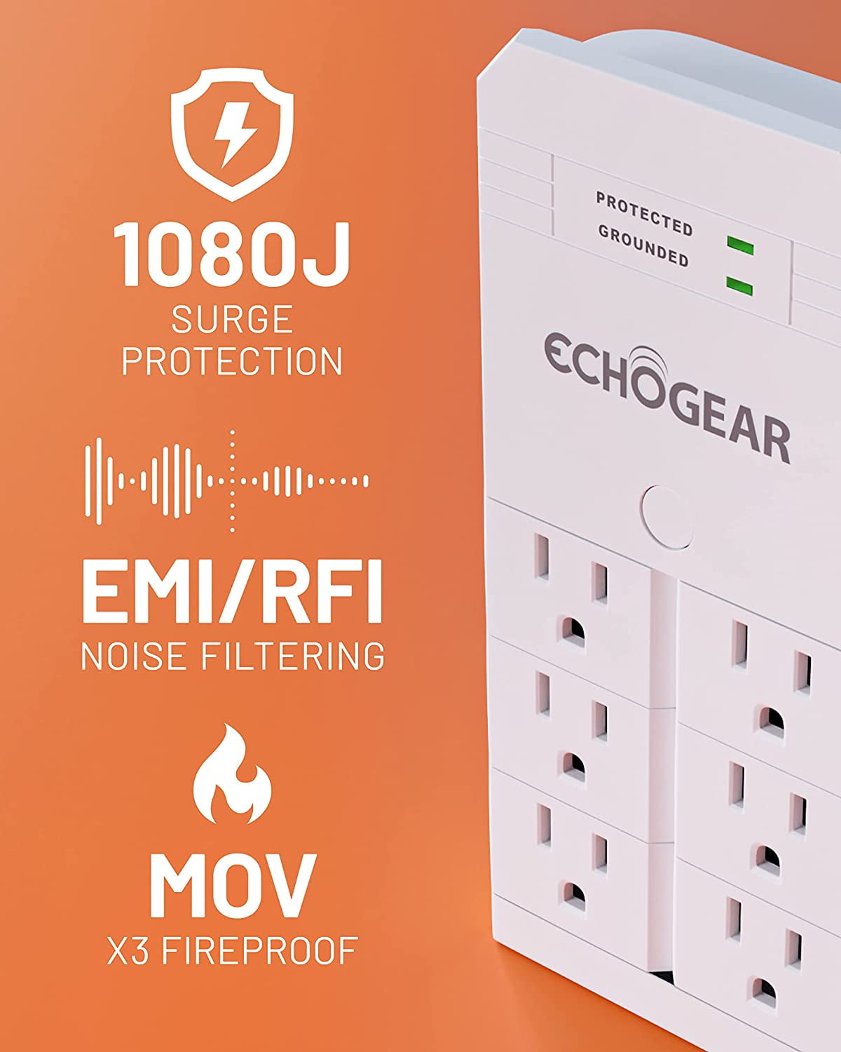 FUGEE-On-Wall Surge Protector with 6 Pivoting AC Outlets & 1080 Joules ...