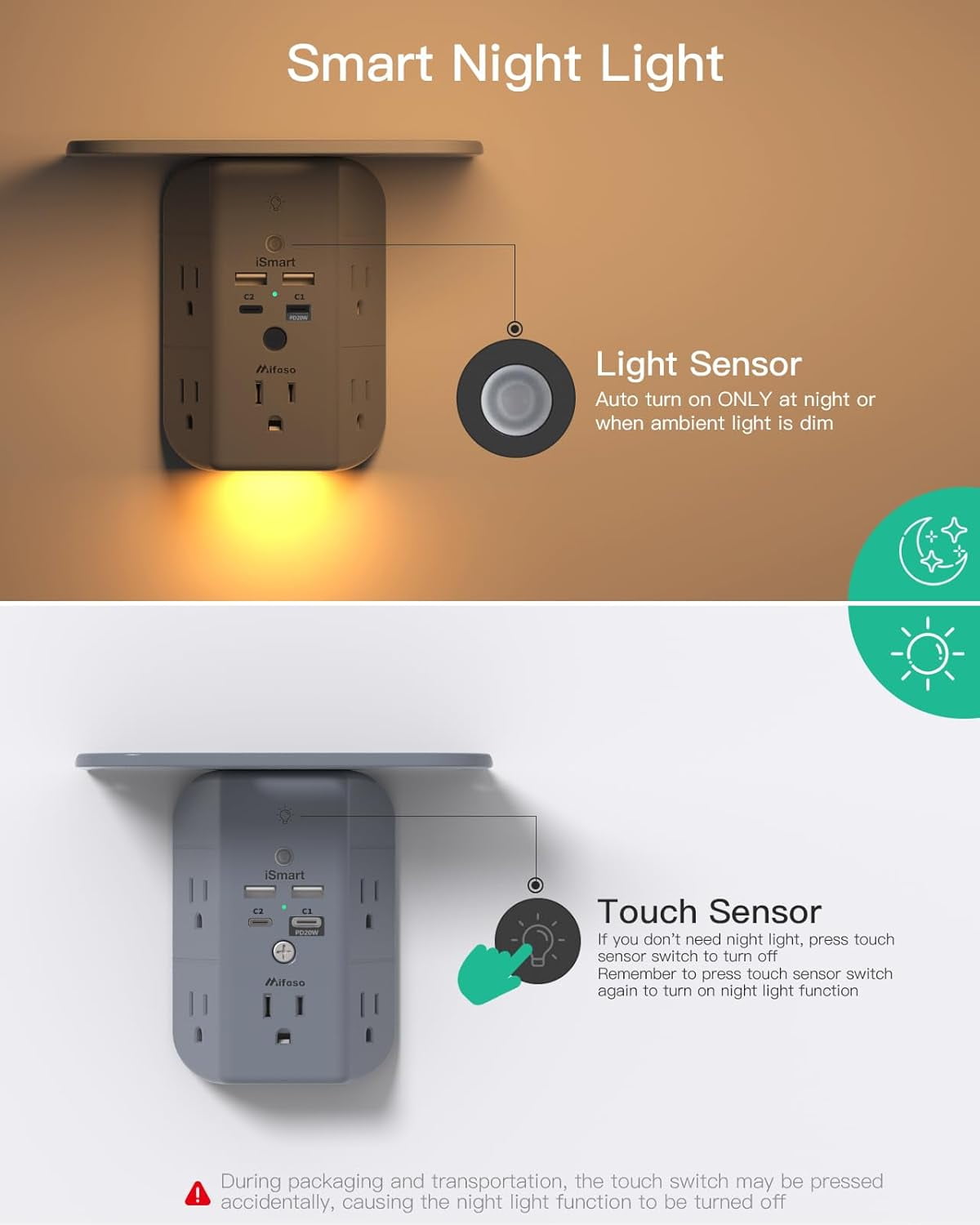 FUGEE-PD20W Wall Outlet Extender, Outlet Splitter with Shelf and Night ...