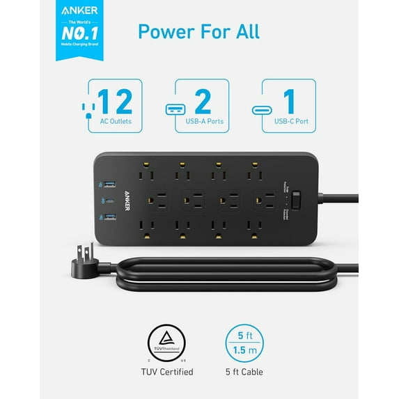 FUGEE-Power Strip Surge Protector (2100J), 12 Outlets with 2 USB A and ...