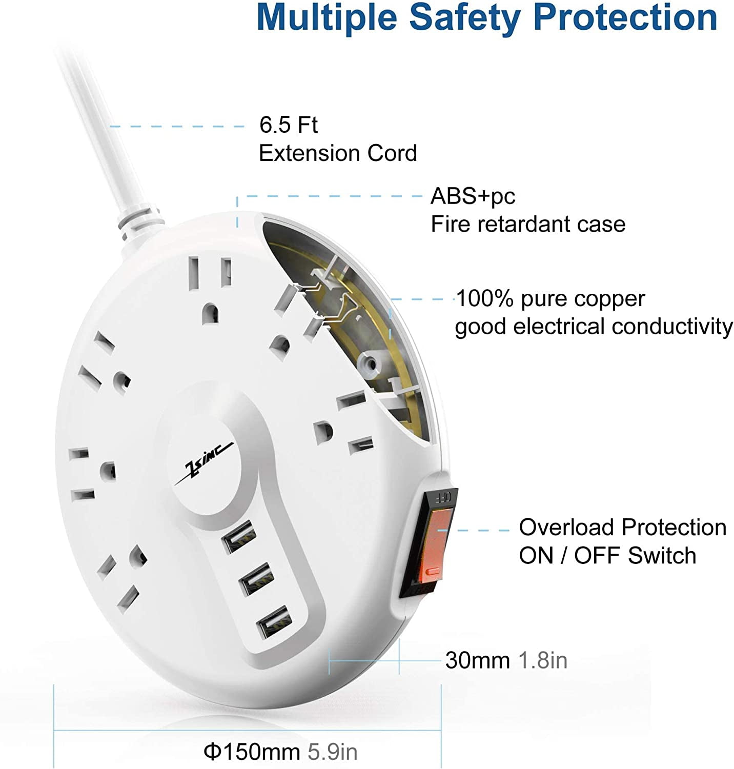 FUGEE-Power Strip, Surge Protector, 6 Outlets and 3 USB Ports 6.5FT ...