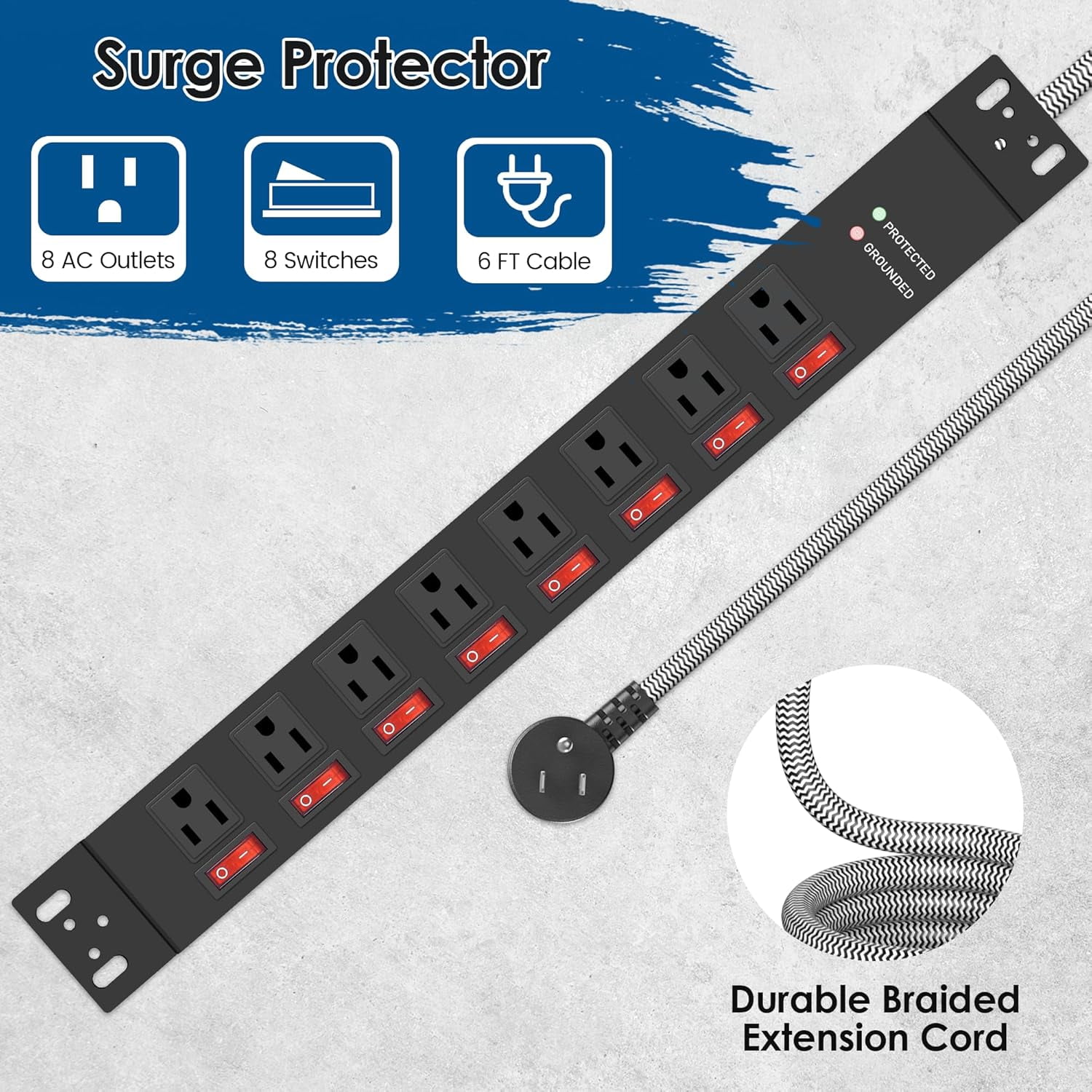 FUGEE-Rack Mount Power Strips,8 Outlet Strips with Individual Switches ...