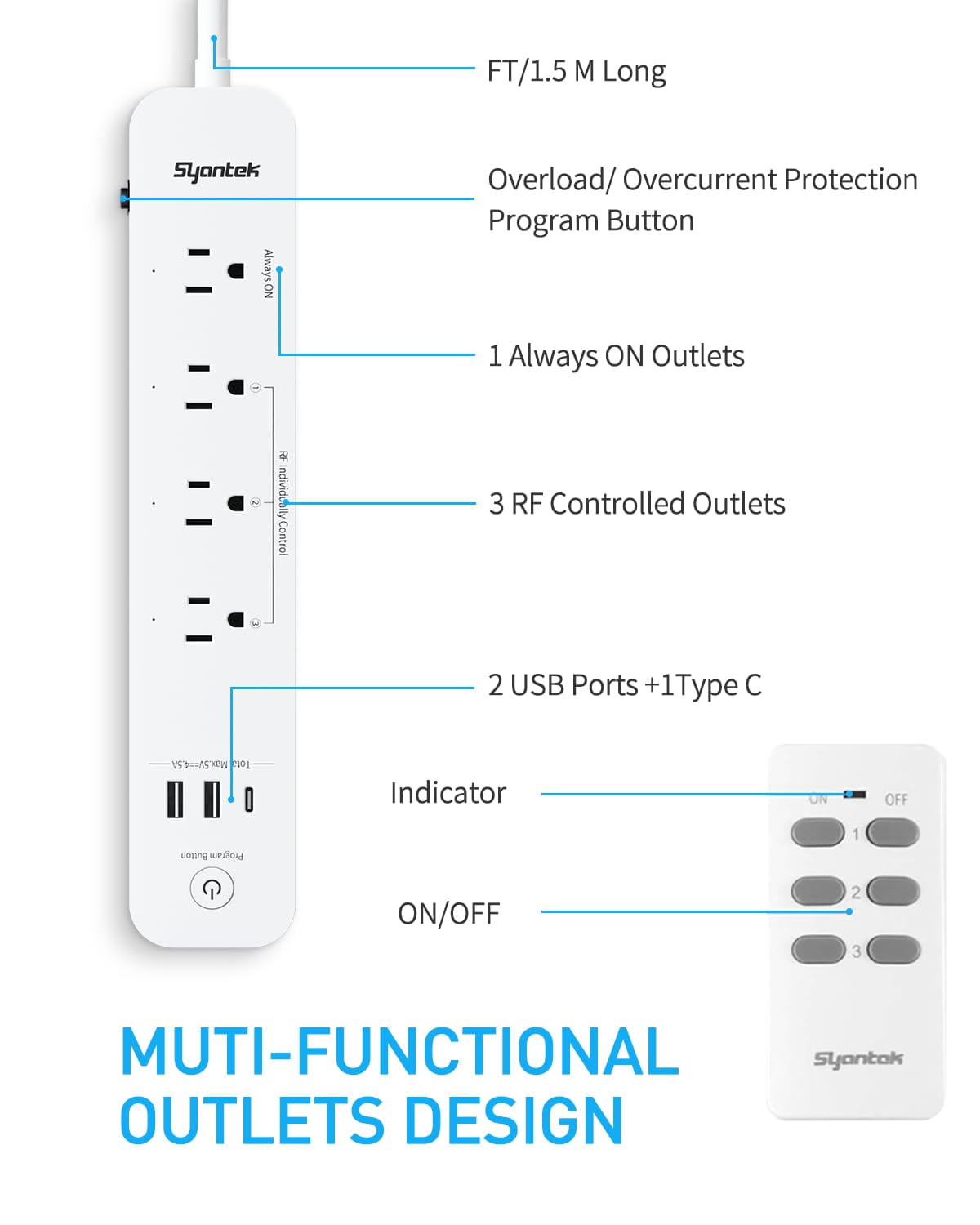 FUGEE-Remote Control Power Strip with 3 USB Surge Protector Power Strip ...