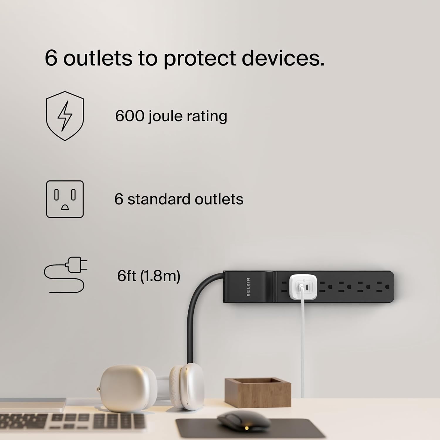 FUGEE-Surge Protector Power Strip with 6 AC Outlets, 6ft/1.8M Long ...