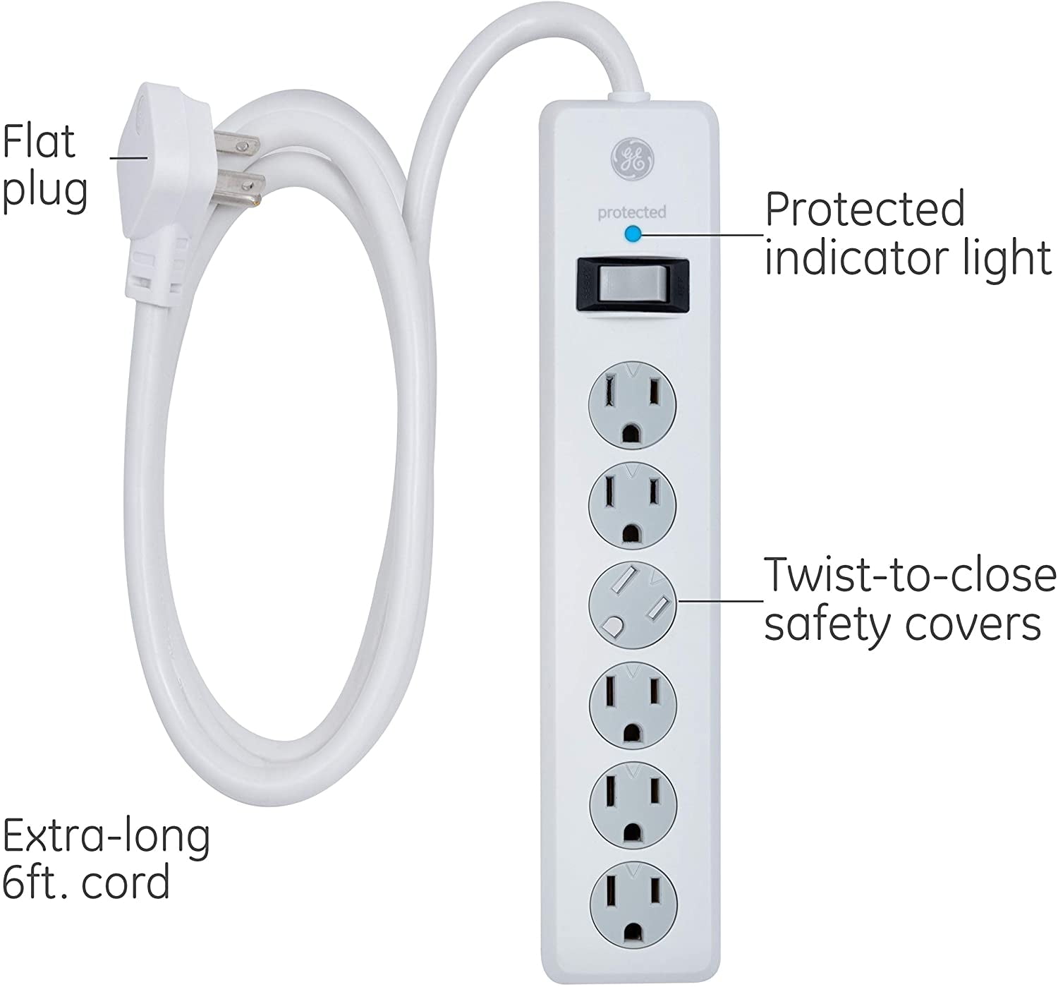 FUGEE-Surge Protector Power Strip, 6 Ft Extension Cord, 6 Outlet ...