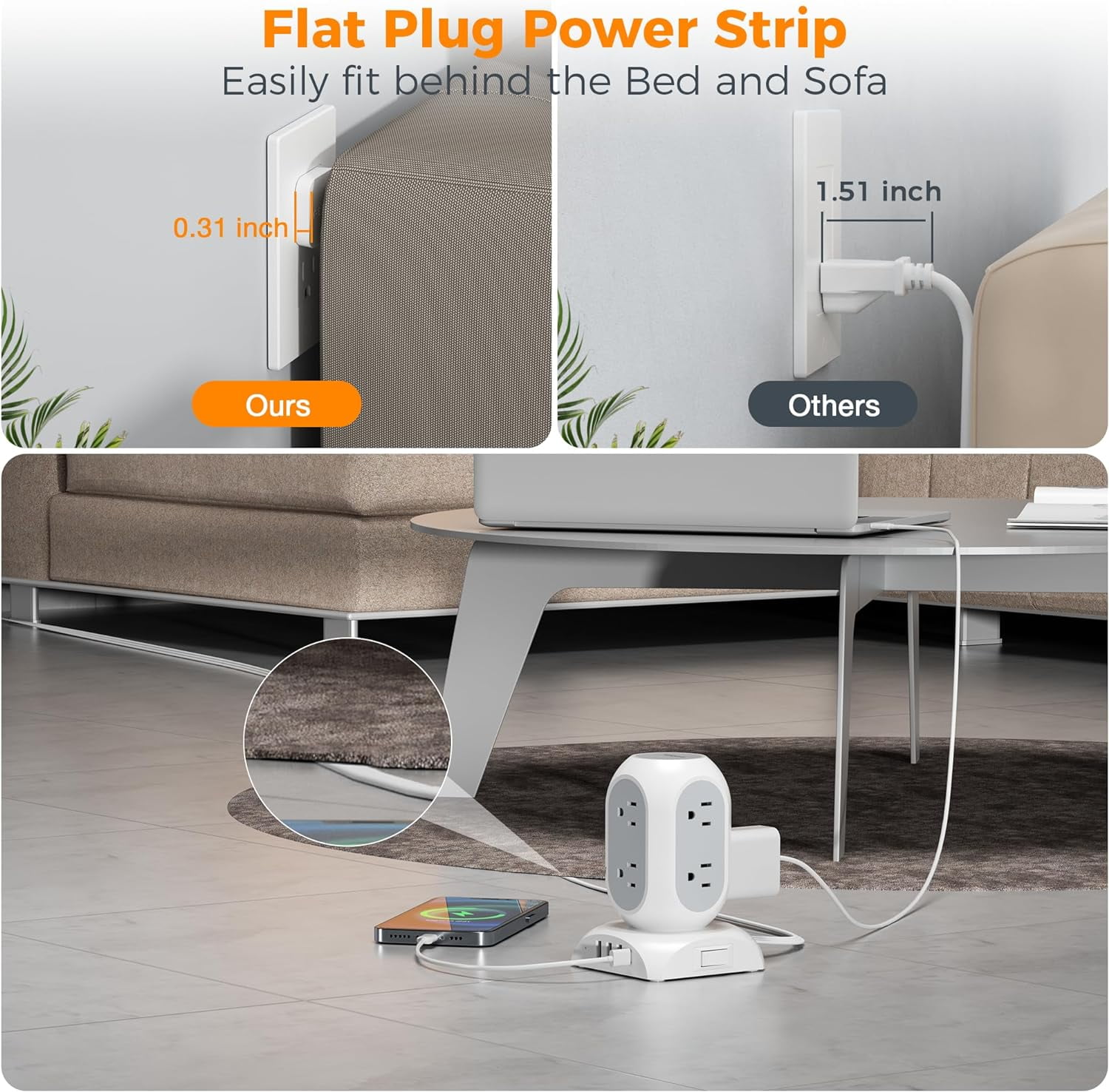 FUGEE-Surge Protector Power Strip Tower, Flat Plug Extension Cord 10 Ft ...