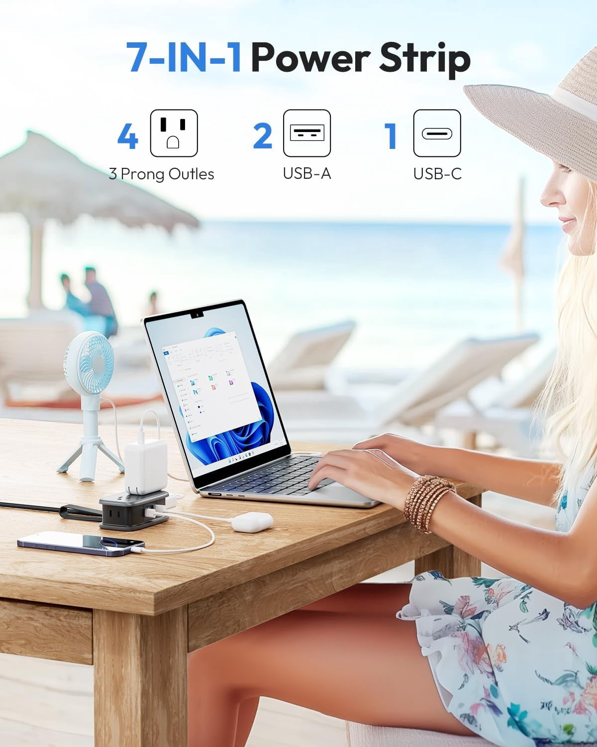 FUGEE-Travel Power Strip with USB C Port, Flat Plug Extension Cord with ...