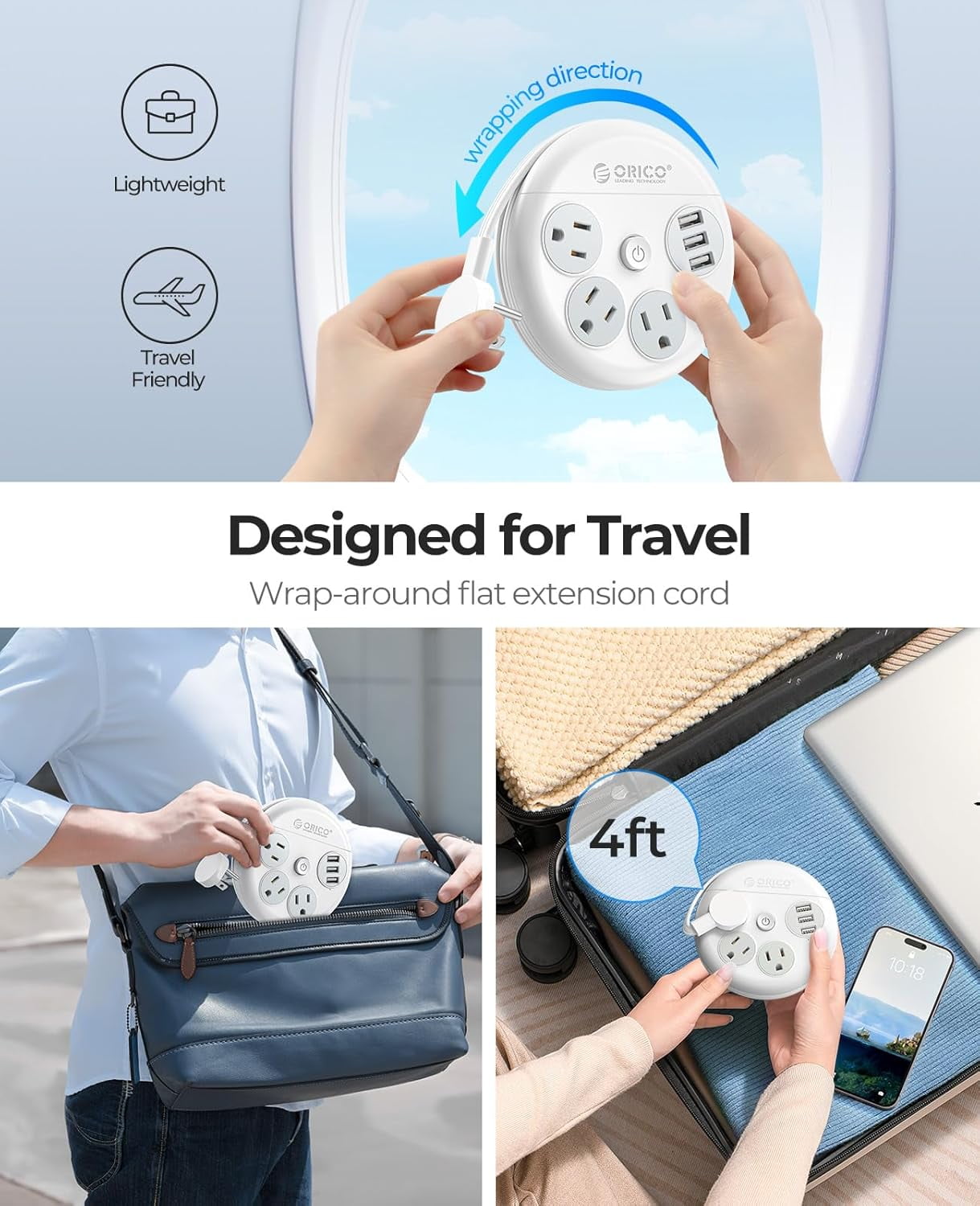 FUGEE-Travel Power Strip with USB Ports, 4 ft Flat Extension Cord 3 ...