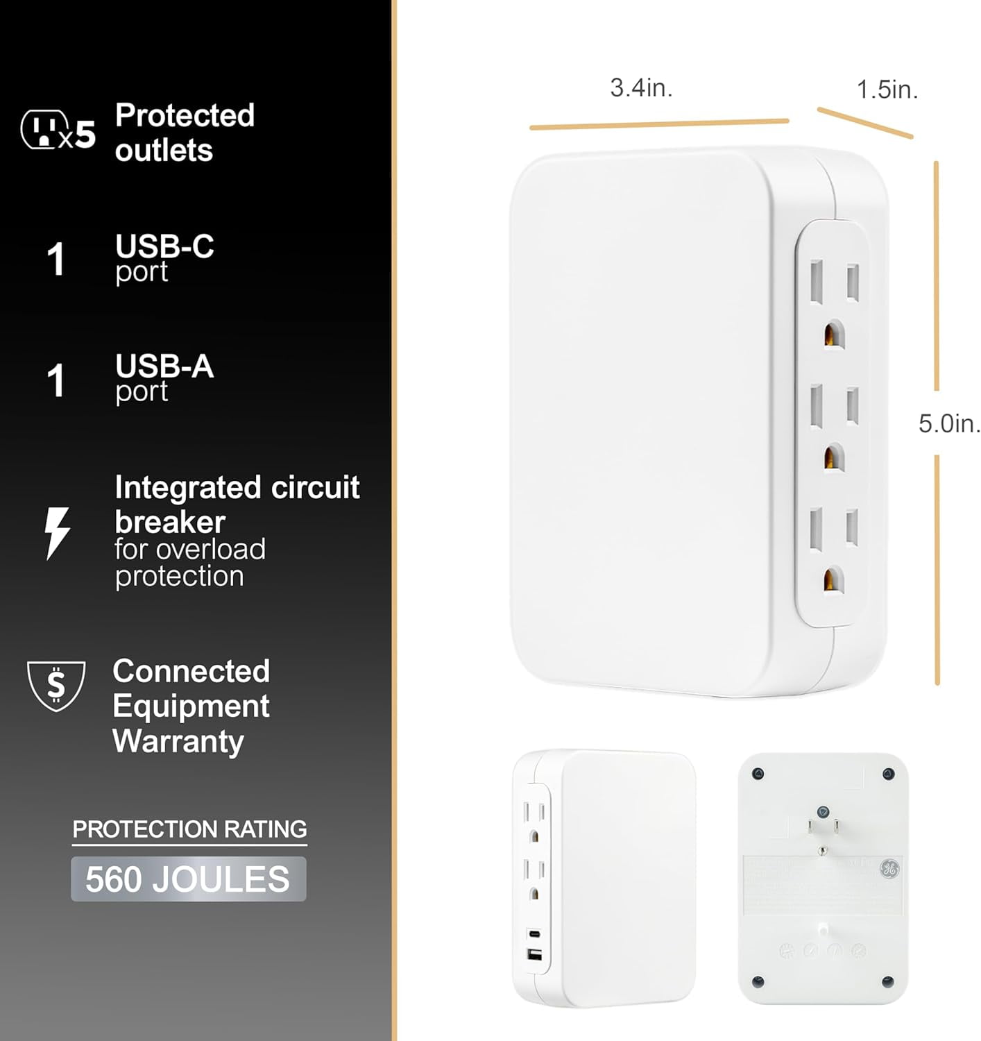 FUGEE-USB C 5 Outlet Extender, Side-Access, Wall Tap Surge Protector ...