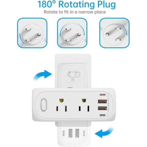 FUGEE-USB Outlet Extender Surge Protector - with Rotating Plug, 6 AC ...