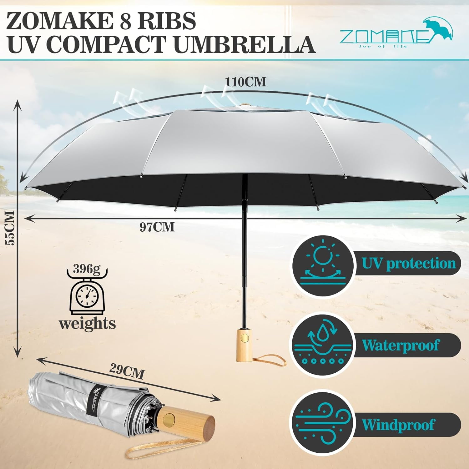 FUGEE-UV Umbrella for Sun Protection UPF 50+,43 Inch Travel Compact Sun ...