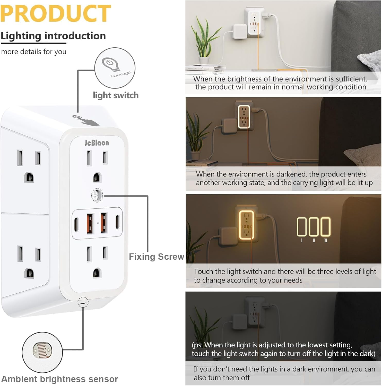 FUGEE-Wall Outlet Extender with Night Light, Power Plug Adapter 6 ...