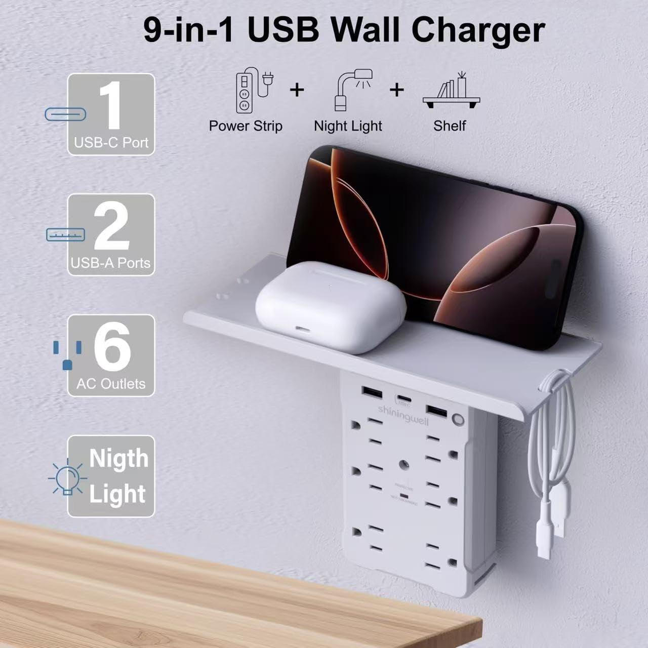 FUGEE-Wall Outlet Extender with Shelf and Night Light, Surge Protector ...