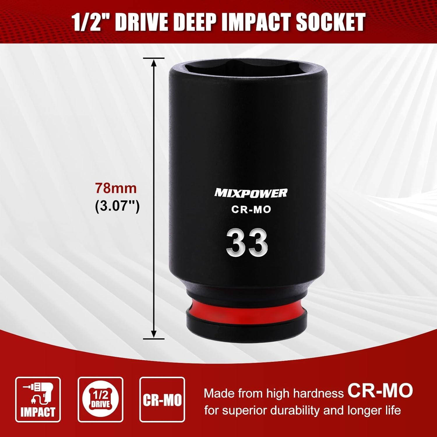 FUGee-1/2" Drive Deep Impact Socket, CR-MO, 33mm, Metric, 6 Point, Axle ...