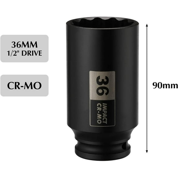 FUGee-1/2 Inch Drive Deep Spindle Axle Nut Impact Socket, CR-MO, 12 ...