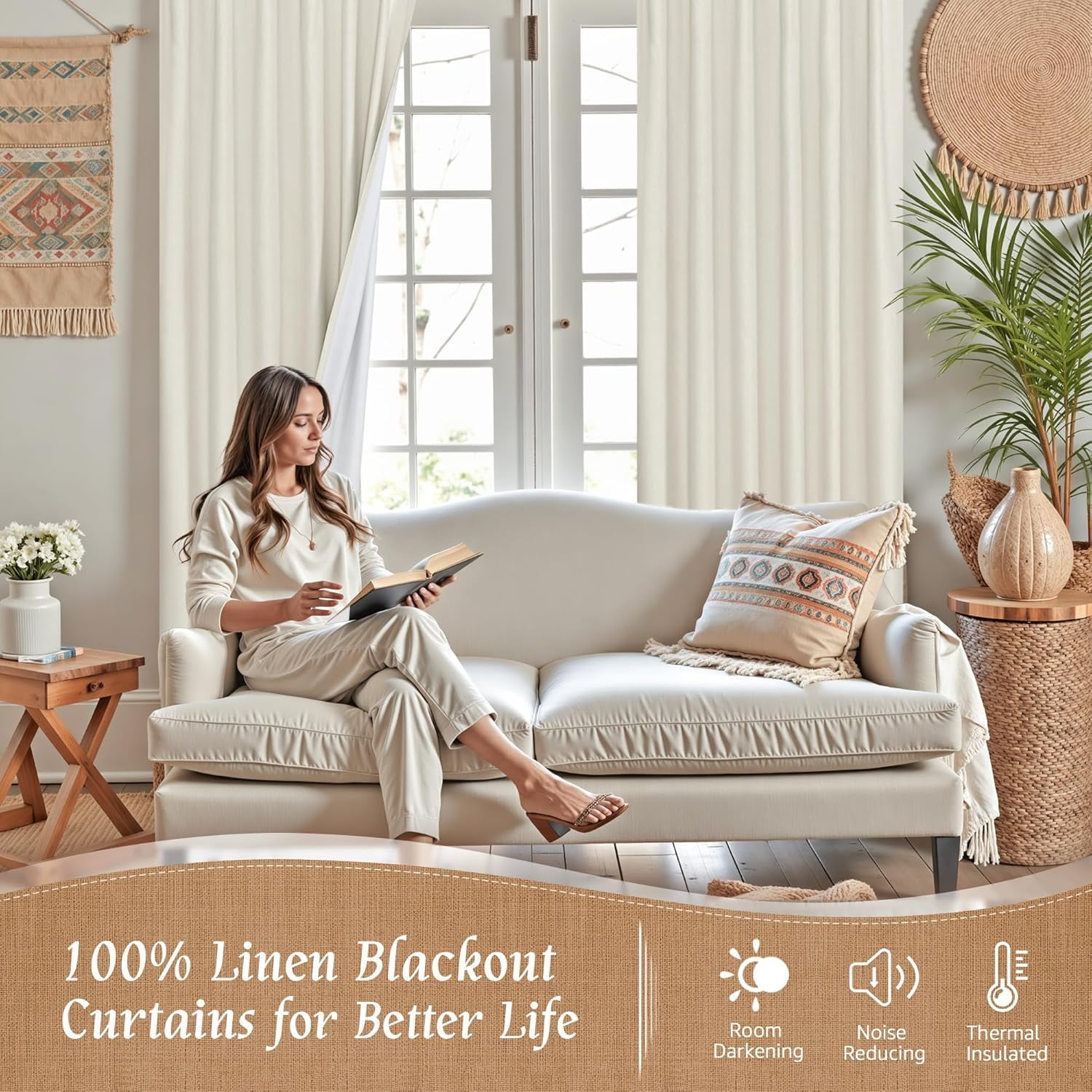 FUGee-100% Blackout Linen Curtains, 63 Inches Linen Textured Thermal ...