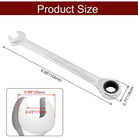 FUGee-11mm Ratcheting Combination Wrench, 72 Teeth Metric Ratcheting ...