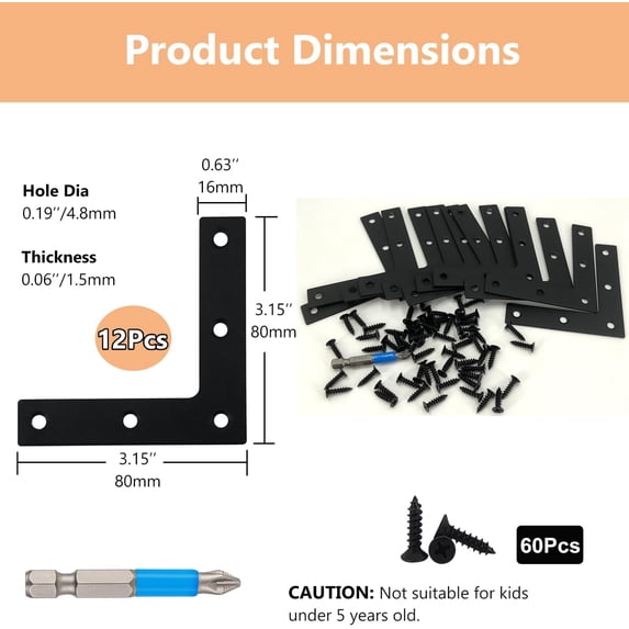 FUGee-12 Pcs L Flat Straight Brackets Corner Bracket Set 3.15'' Bracket ...