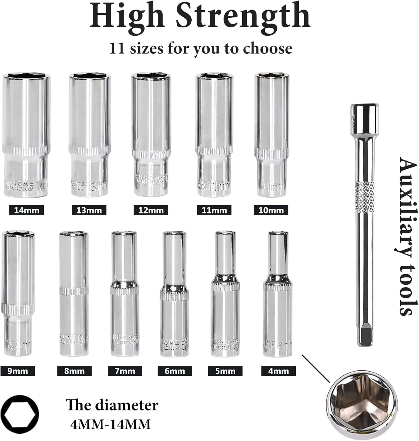FUGee-13PCS 1/4" Drive Deep Socket Set,Metric(4-14MM),6-Point, Cr-V ...