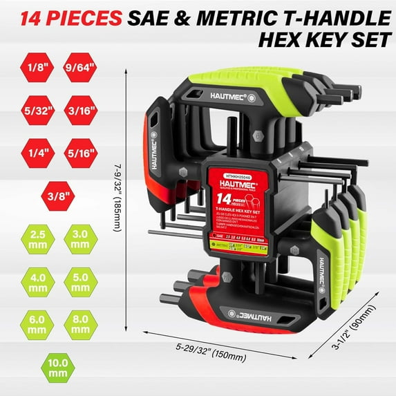 FUGee-14-Piece T-Handle Allen Wrench Set, SAE & Metric T-Handle Hex Key Set, High Torque CR-V ...