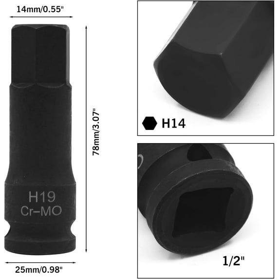 FUGee-19mm Hex Impact Bit Socket, 1/2-Inch Drive Allen Bit Socket, Cr ...