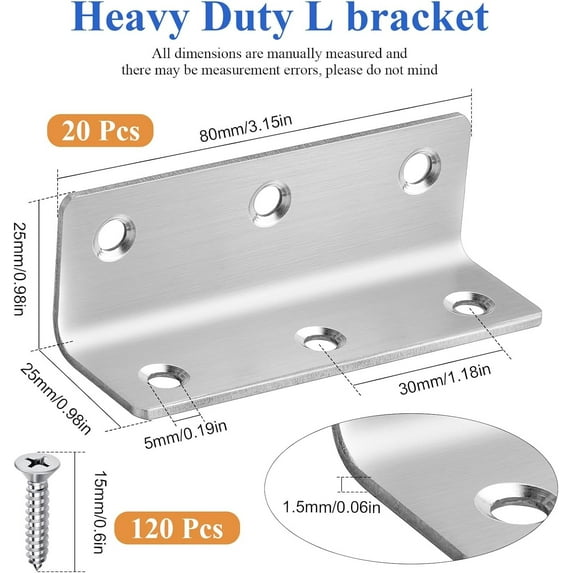 FUGee-20 Pcs L Brackets for Wood, 3.15" Stainless Steel Corner Brace ...
