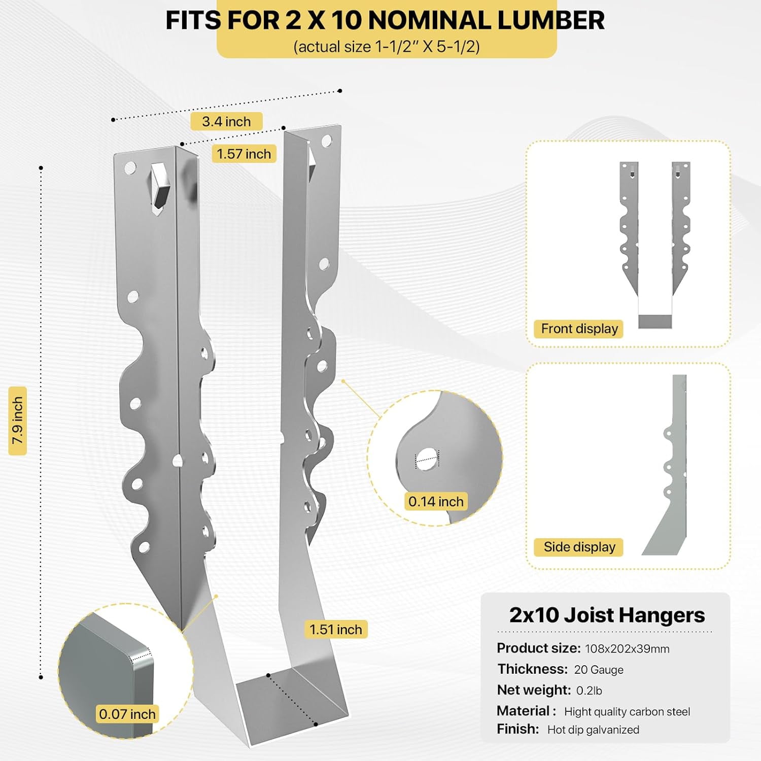 FUGee-20 pcs 2x10 Joist Hanger,LU210 20 Gauge Double Shear Face Mount ...