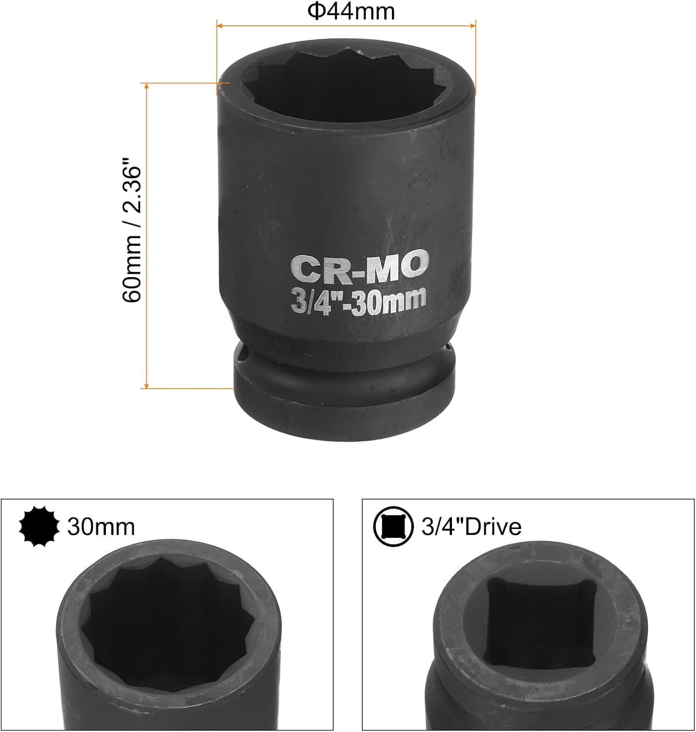 FUGee-3/4-Inch Drive 12 Point Impact Socket 30mm Metric Spindle Axle ...