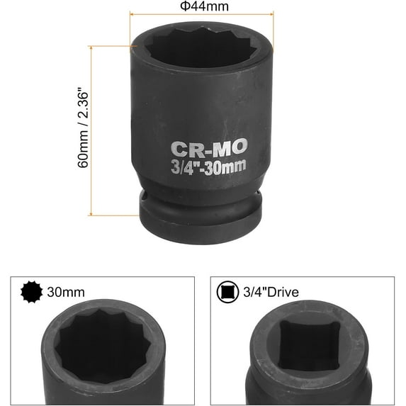 FUGee-3/4-Inch Drive 12 Point Impact Socket 30mm Metric Spindle Axle ...