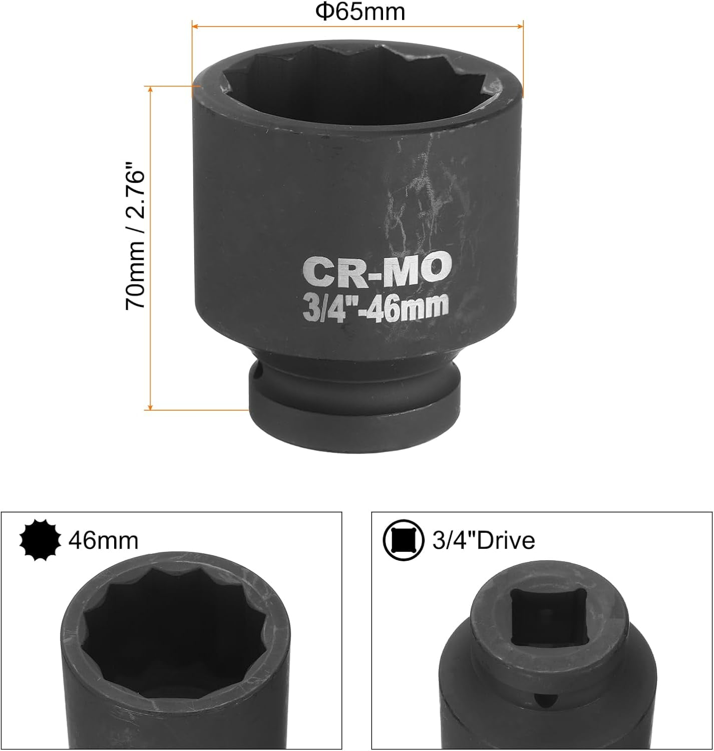 FUGee-3/4-Inch Drive 12 Point Impact Socket 46mm Metric Spindle Axle ...