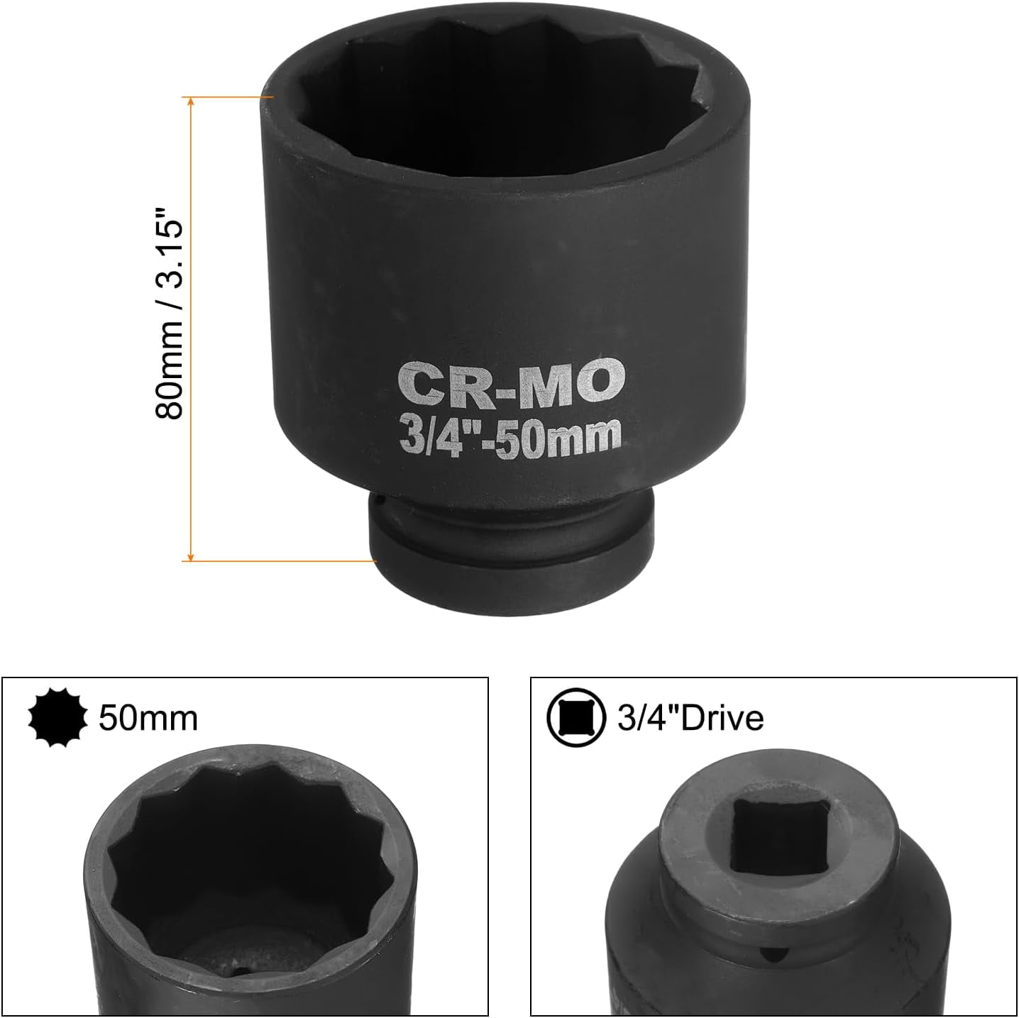 FUGee-3/4-Inch Drive 12 Point Impact Socket 50mm Metric Spindle Axle ...