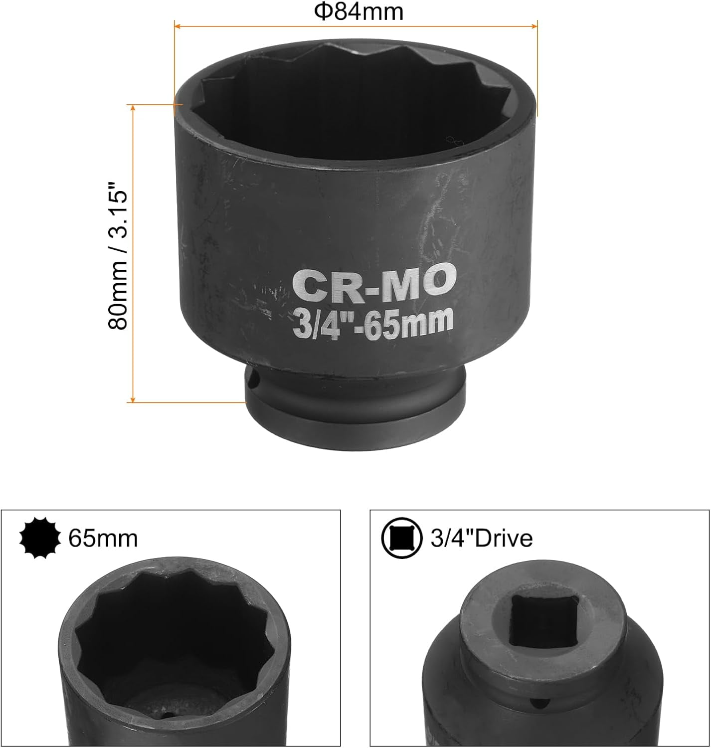 FUGee-3/4-Inch Drive 12 Point Impact Socket 65mm Metric Spindle Axle ...