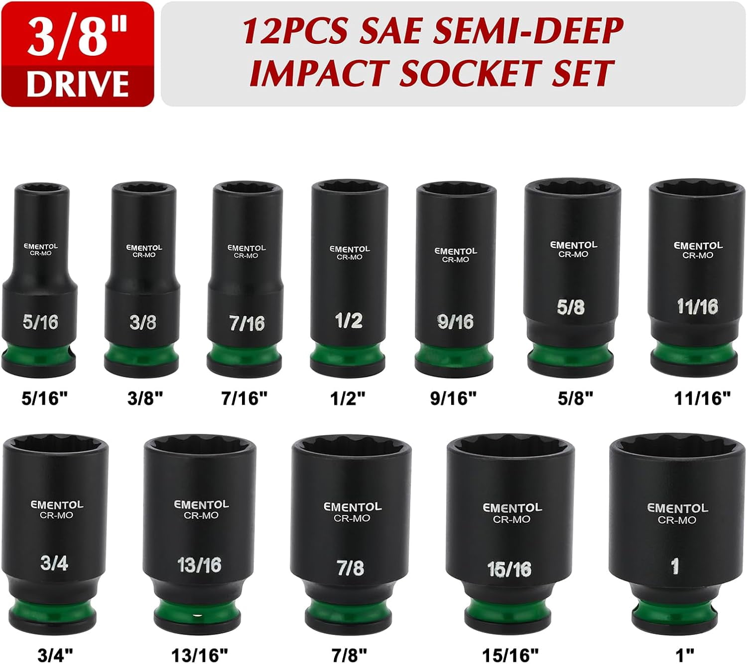 FUGee-3/8" Drive Impact Socket Set, Semi-Deep Sockets, 12 Pieces ...