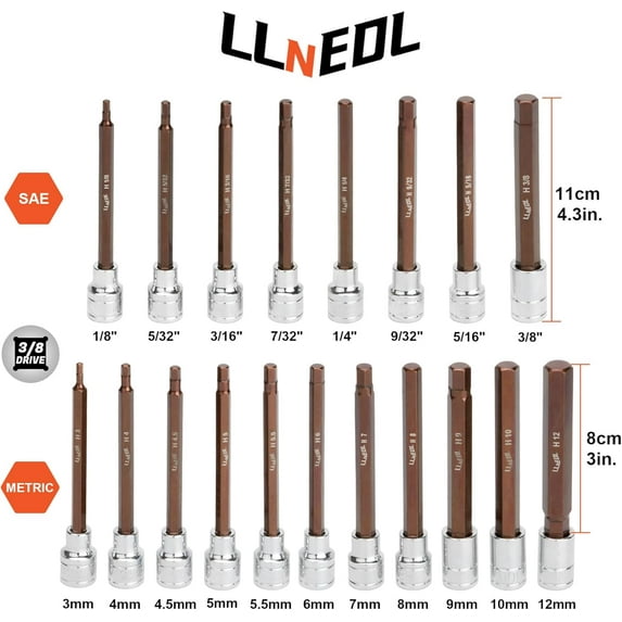 FUGee-3/8 Inch Drive Long Allen Hex Bit Socket Set, 19-Piece Hex Head ...