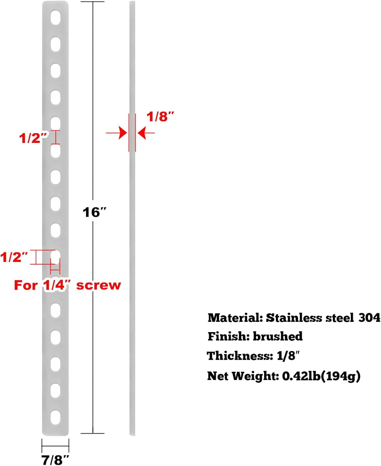 FUGee-4 Pack 16" Flat Straight Brace Brackets,1/8" Thick,304 Stainless ...
