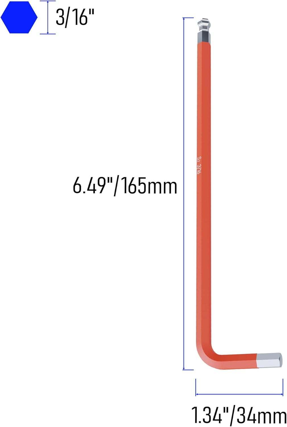 FUGee-4PCS 3/16" Ball End Hex Key Allen Wrench, SAE Internal Hexagonal ...
