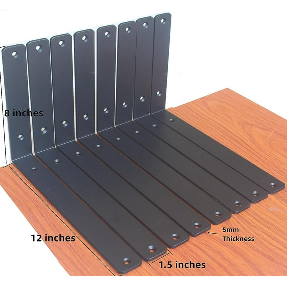FUGee-6 Pack - L 12" x H 8" x W1.5, 5mm Thick Black L Shelf Bracket ...