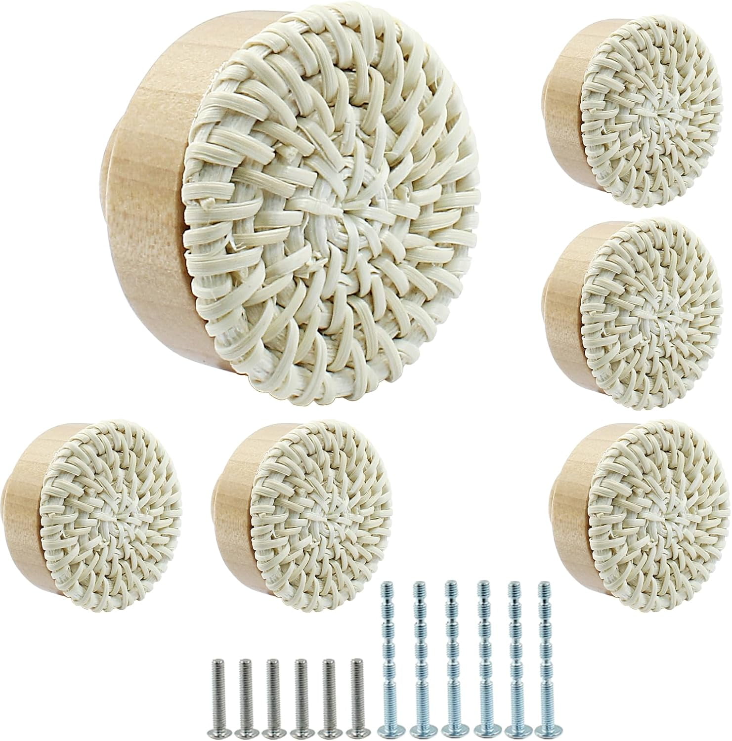FUGee-6pcs Rattan Boho Knobs, Natural Wood Wicker Woven Drawer Knobs ...