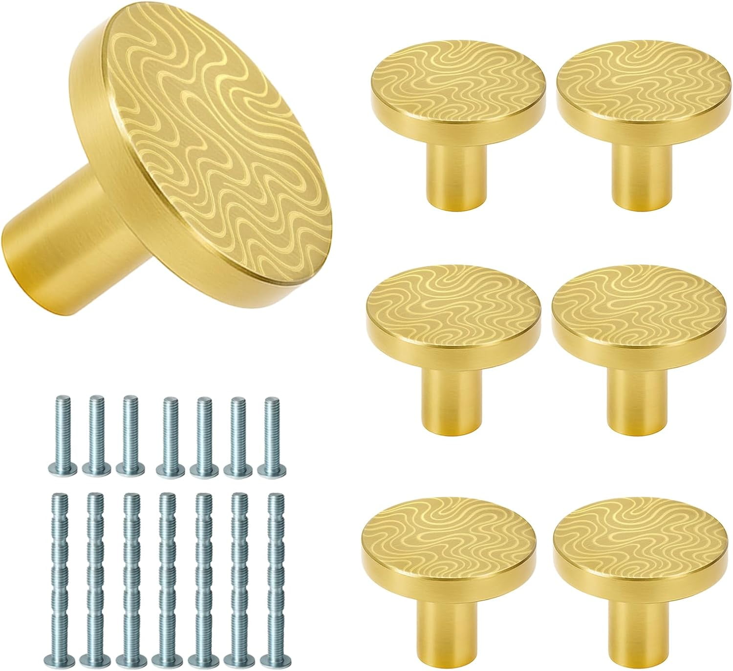 FUGee-7-Pack 1 Inch Solid Brass Knobs - Round Brushed Gold Cabinet ...