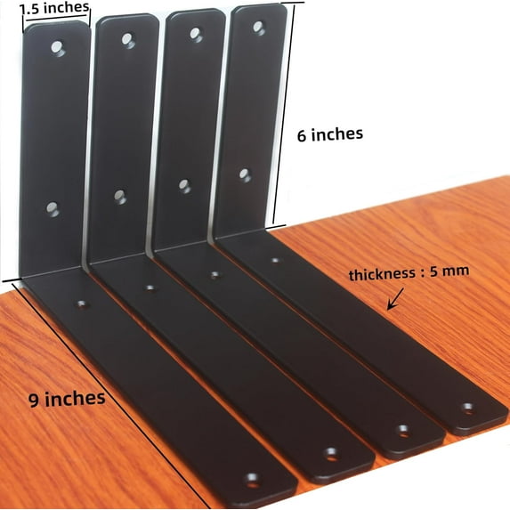 FUGee-8 Pack - L 9" x H 6" x W1.5, 5mm Thick Black L Shelf Bracket ...