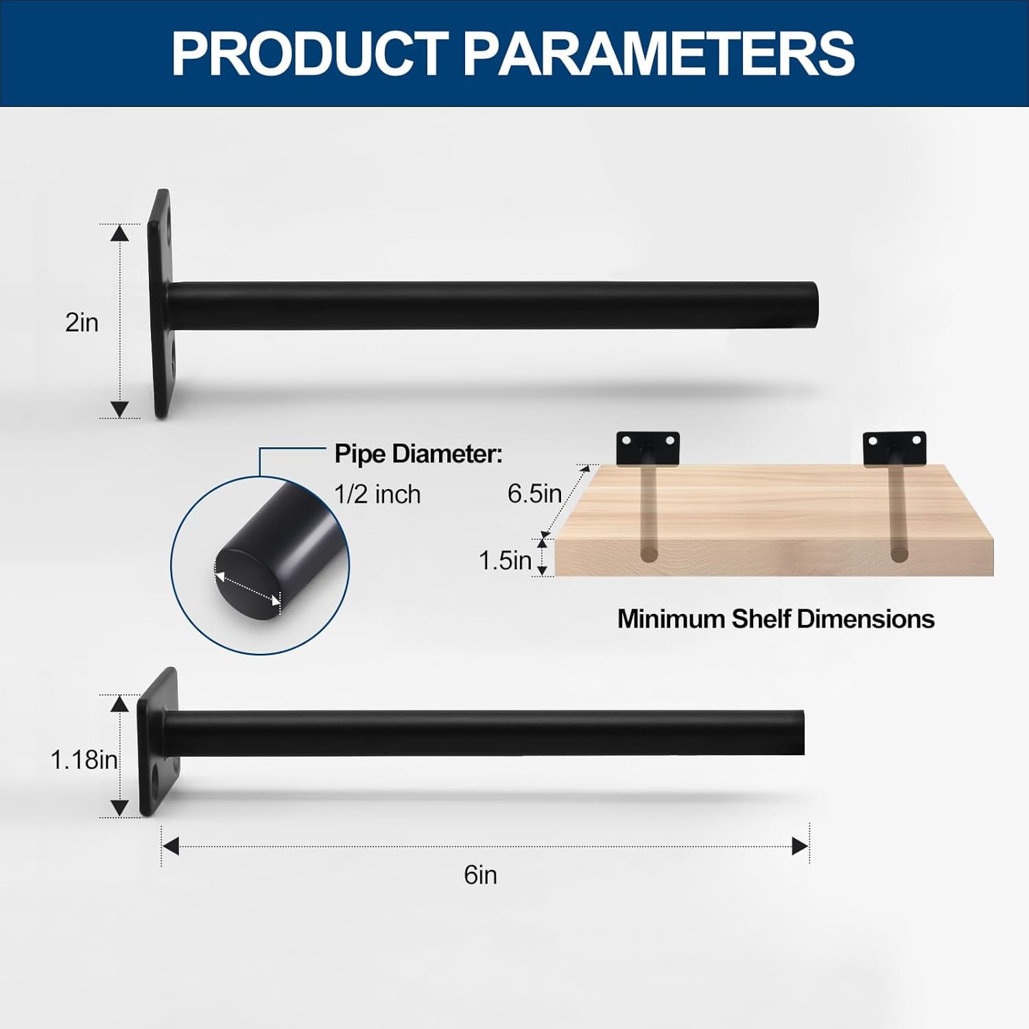 FUGee-8 Pcs 8" Black Solid Steel Floating Shelf Bracket Blind Shelf ...