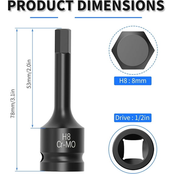 FUGee-8mm Hex Impact Bit Socket, H8 1/2" Drive Impact Allen Bit Socket ...